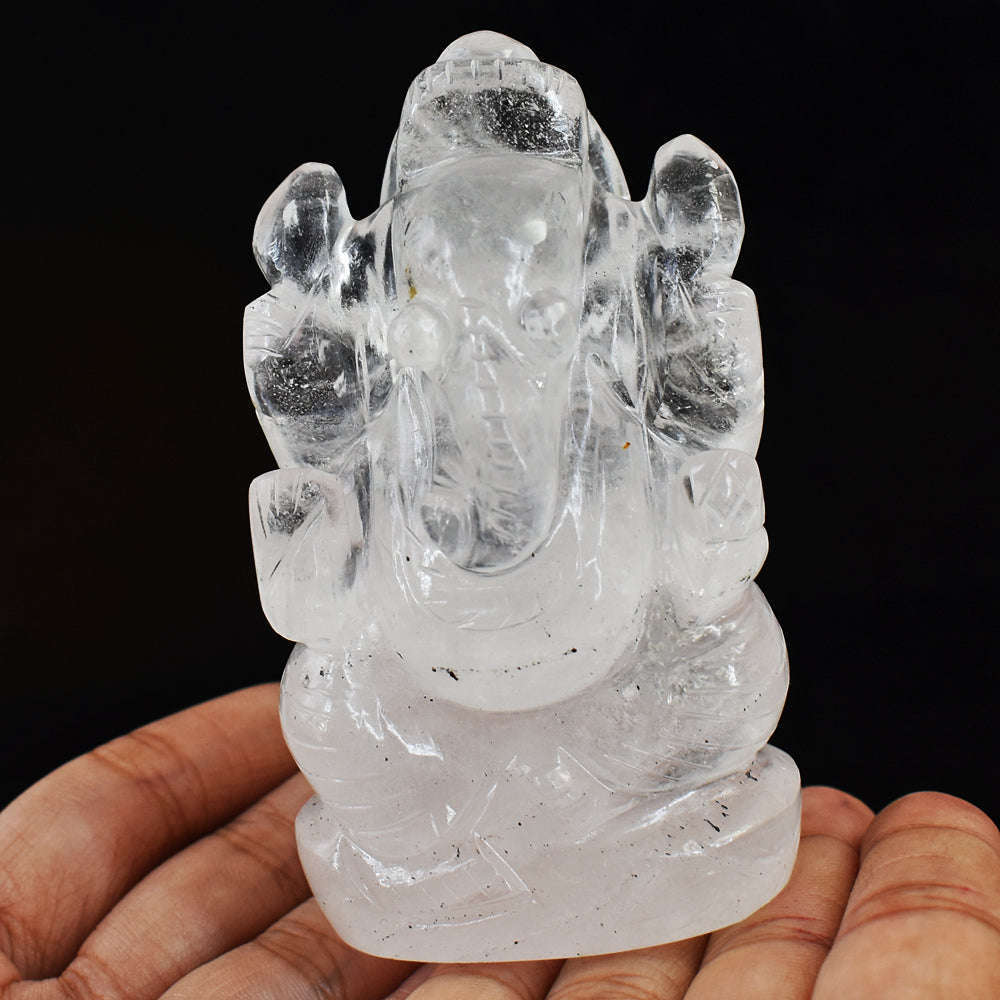 Artisian White Quartz Hand Carved Crystal Lord Ganesha Genuine Carving