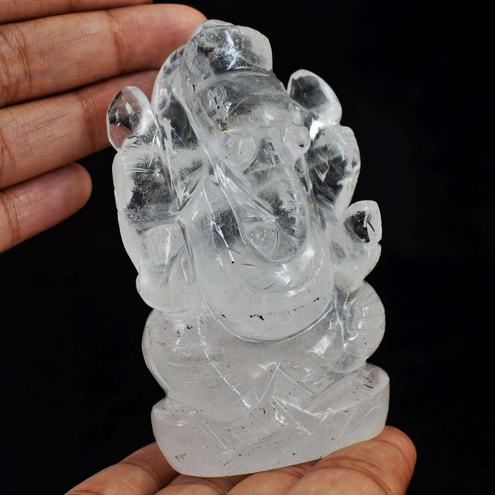 Artisian White Quartz Hand Carved Crystal Lord Ganesha Genuine Carving