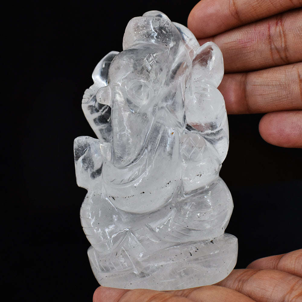 Artisian White Quartz Hand Carved Crystal Lord Ganesha Genuine Carving
