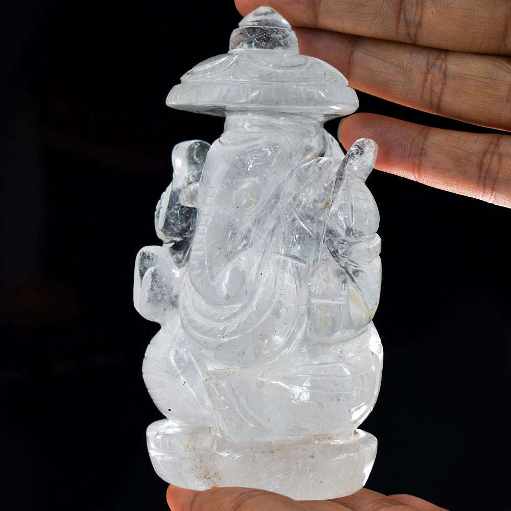Artisian White Quartz Hand Carved Crystal Lord Ganesha With Throne