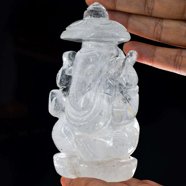 Artisian White Quartz Hand Carved Crystal Lord Ganesha With Throne