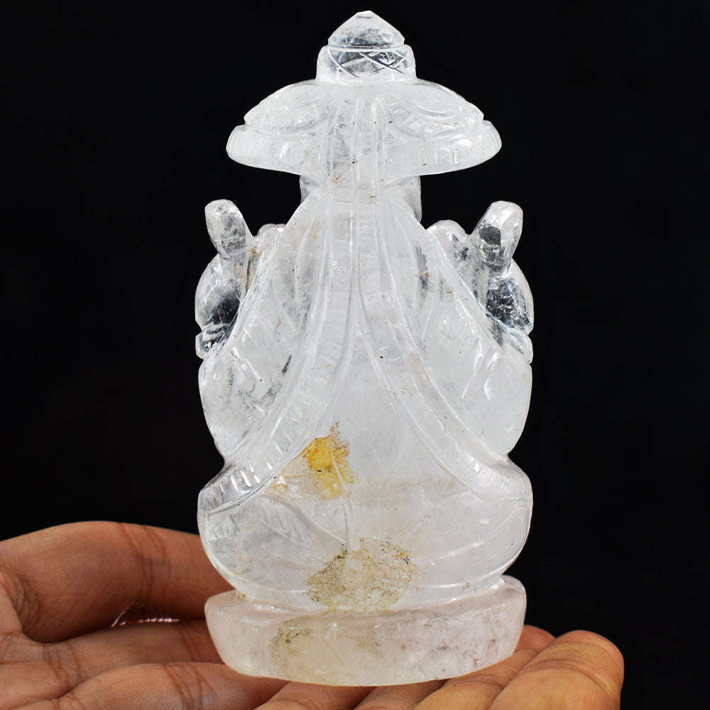 Artisian White Quartz Hand Carved Crystal Lord Ganesha With Throne