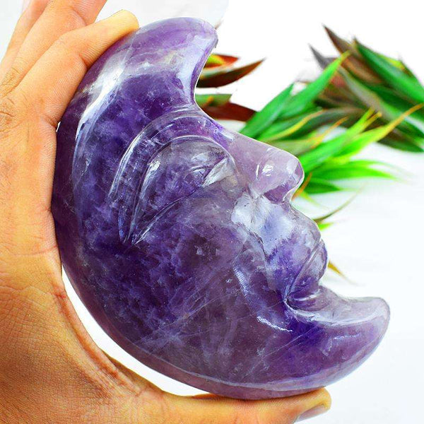 Beautifully Carved Purple Amethyst Moon Face - Genuine