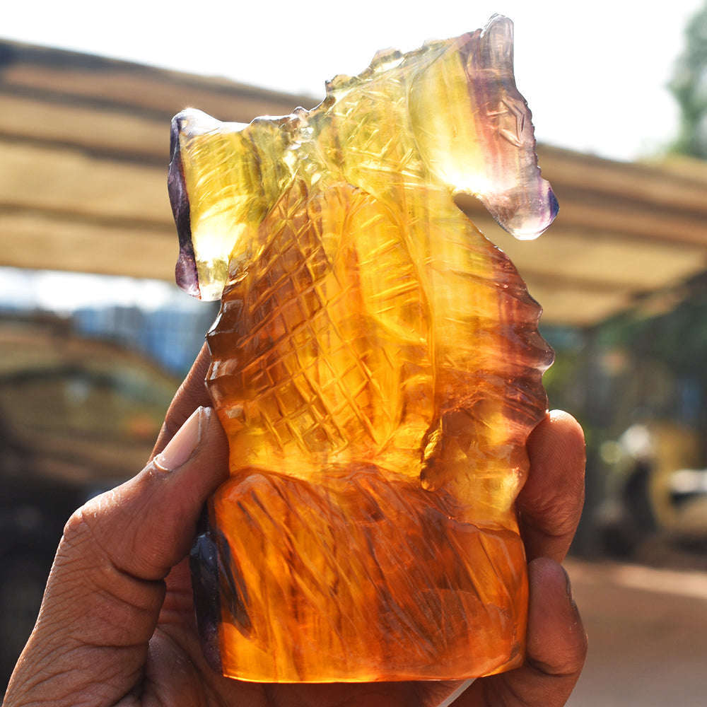 Genuine Multicolor Fluorite Hand Carved Gemstone Carving Seahorse