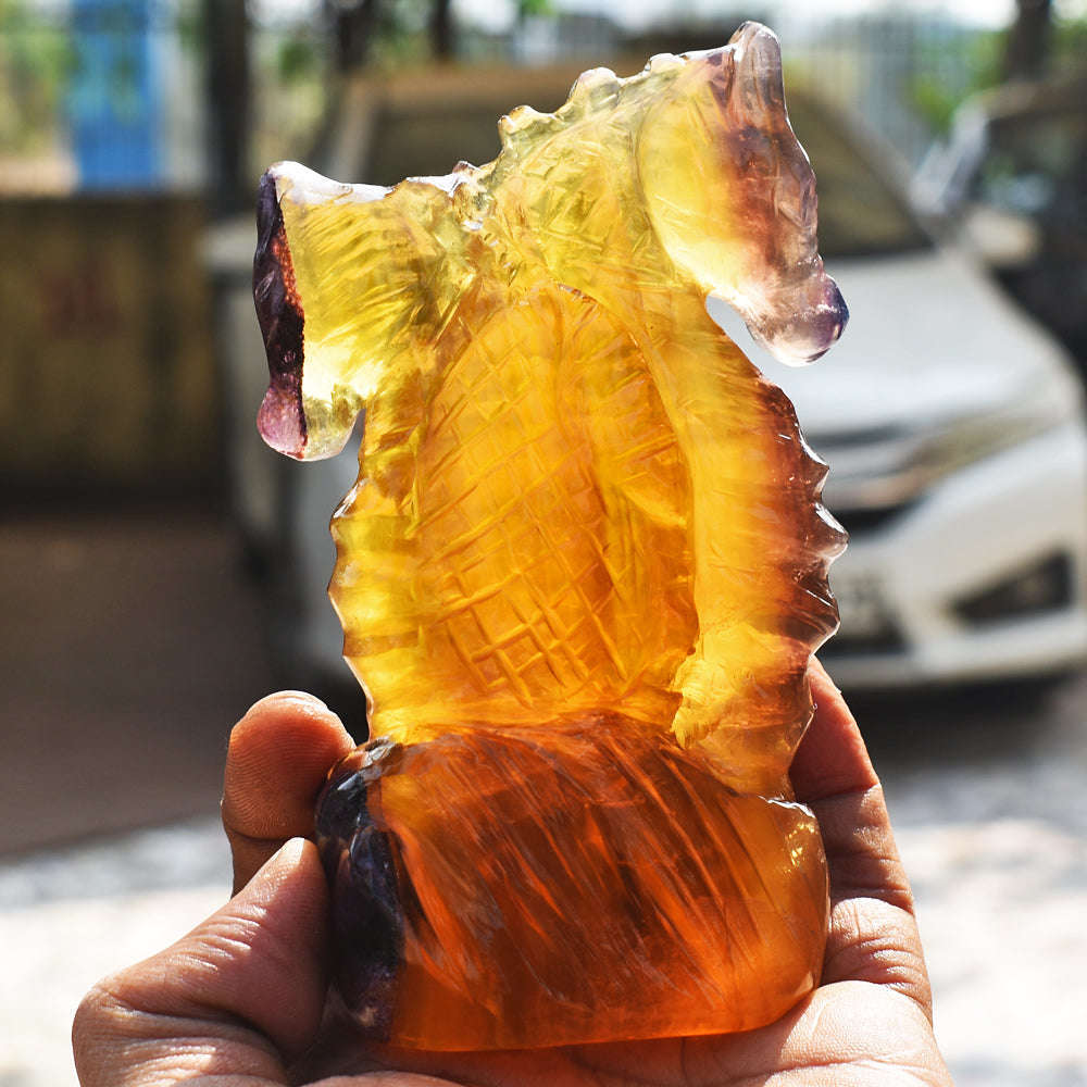 Genuine Multicolor Fluorite Hand Carved Gemstone Carving Seahorse