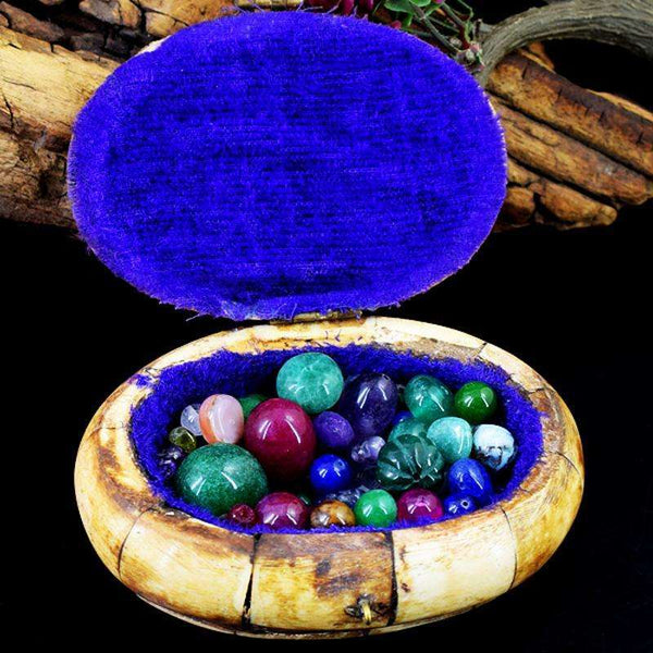 Hand Carved Gemstone Wooden Jewellery Box With Mix Beads Lot