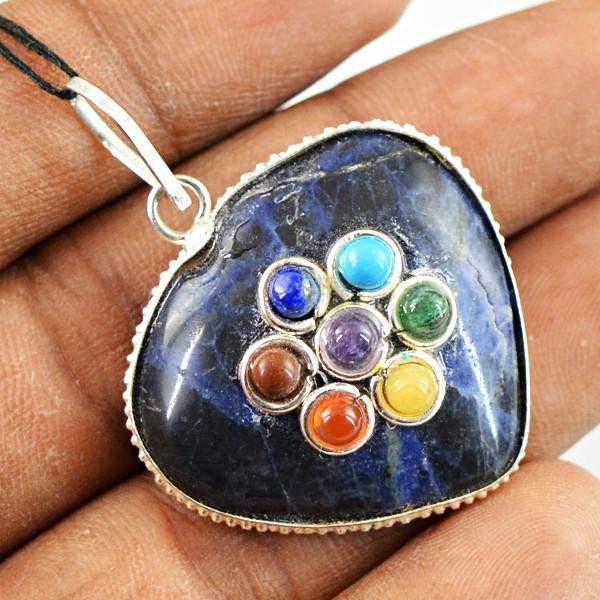 Natural Blue Sodalite Heart Shape Seven Chakra Pendant