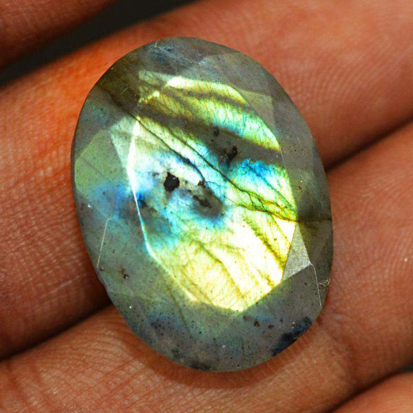 Natural Green Flash Labradorite Checkered Cut Oval Shape Gemstone