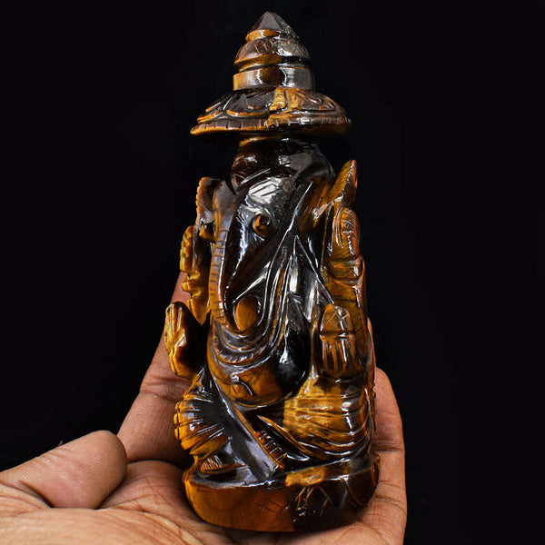 Natural Hand Carved Golden Tiger Eye Ganesha With Throne